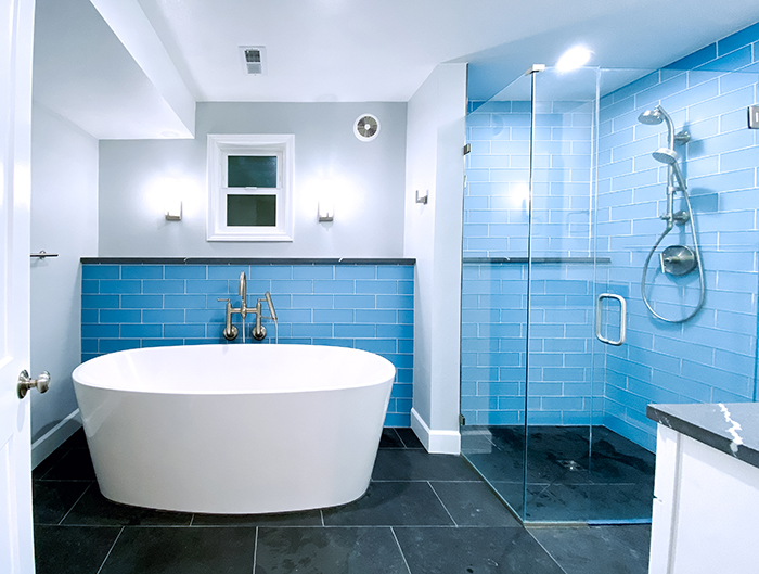 Contemporary Cool Blue Baths | Powell Construction