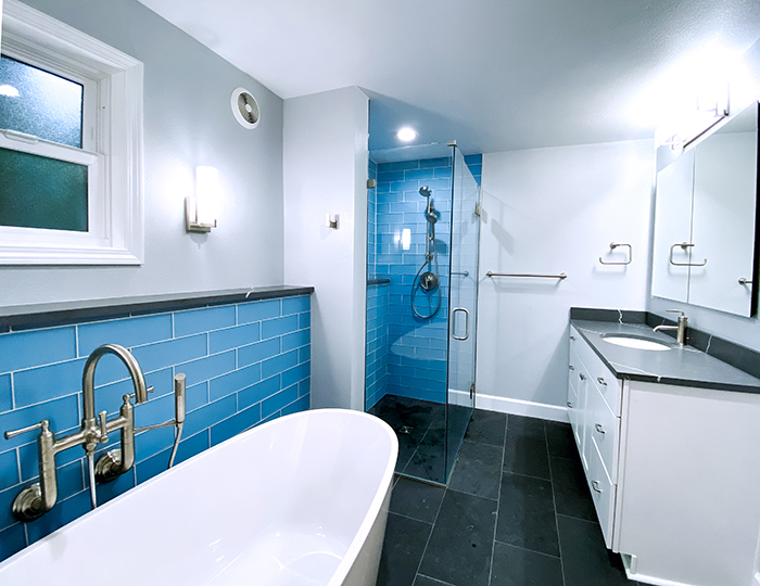 Contemporary Cool Blue Baths | Powell Construction